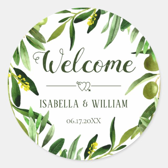 Elegant Olive Leaf Boho Garden Wedding Welcome Classic Round Sticker ...