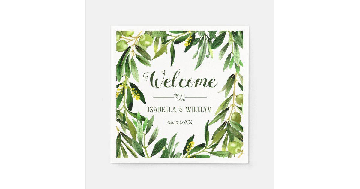 Elegant Olive Leaf Boho Garden Wedding Welcome Napkins | Zazzle