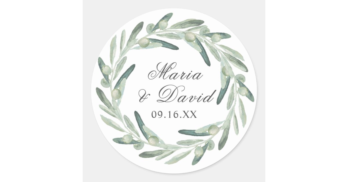 Elegant Olive Sprig Greenery Script Classic Round Sticker | Zazzle