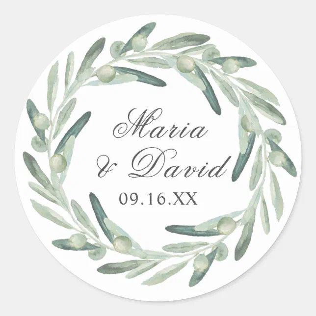 Elegant Olive Sprig Greenery Script Classic Round Sticker | Zazzle