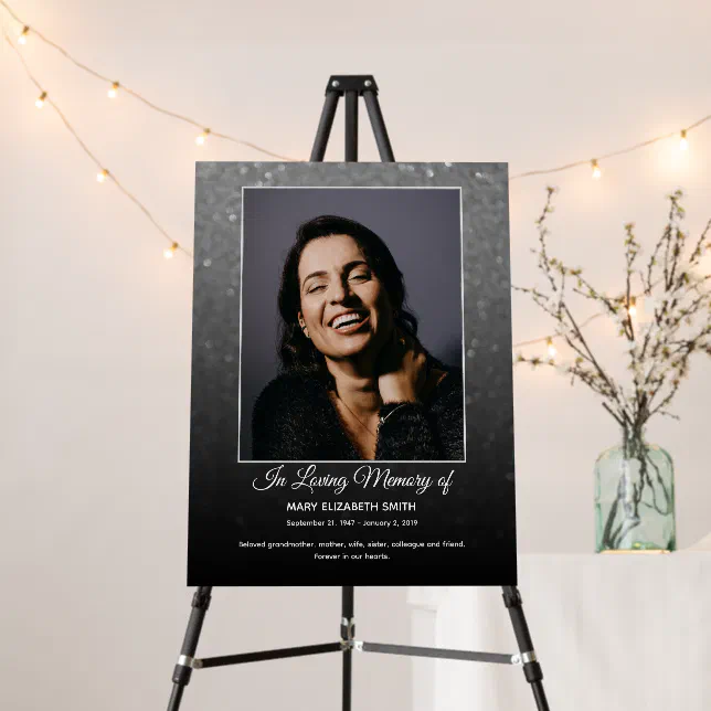 Elegant Ombre Glitter Black Memorial Service Sign | Zazzle