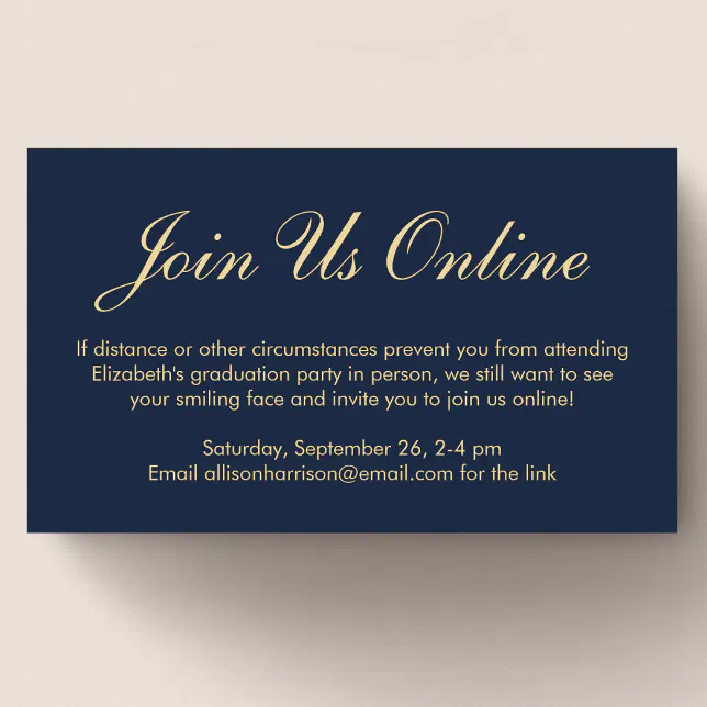 Elegant Online Virtual Blue Gold Graduation Party Enclosure Card | Zazzle