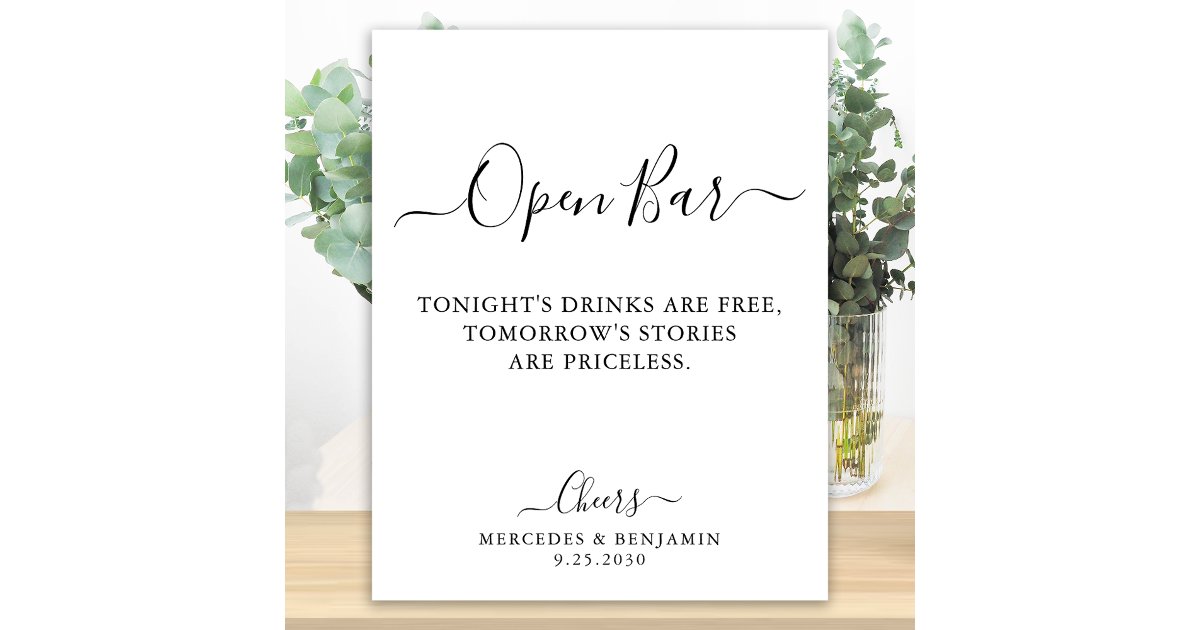 Elegant Open Bar Calligraphy Personalized Wedding Poster | Zazzle