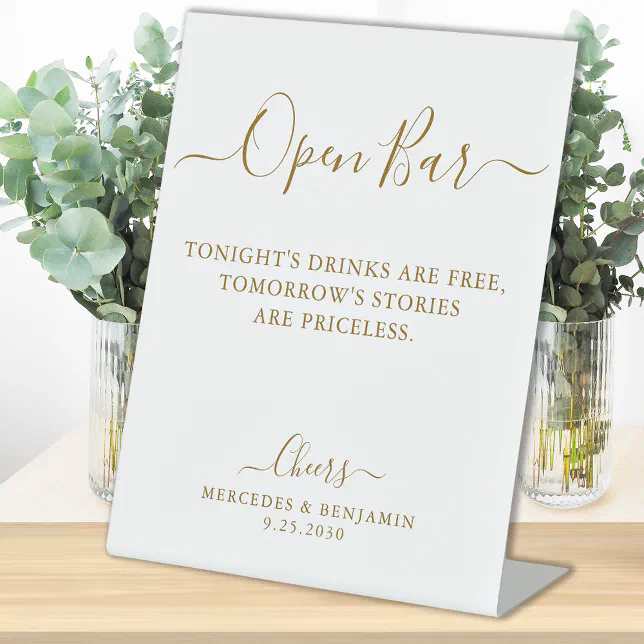 Elegant Open Bar Gold Script Personalized Wedding Pedestal Sign | Zazzle