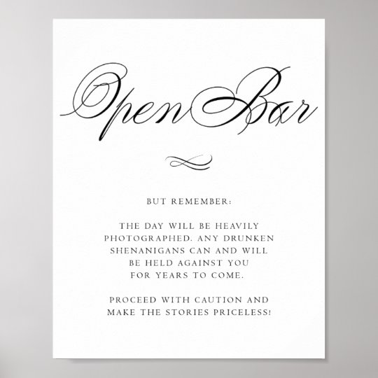 Elegant Open Bar Humor Black Calligraphy | Chic Poster | Zazzle.com