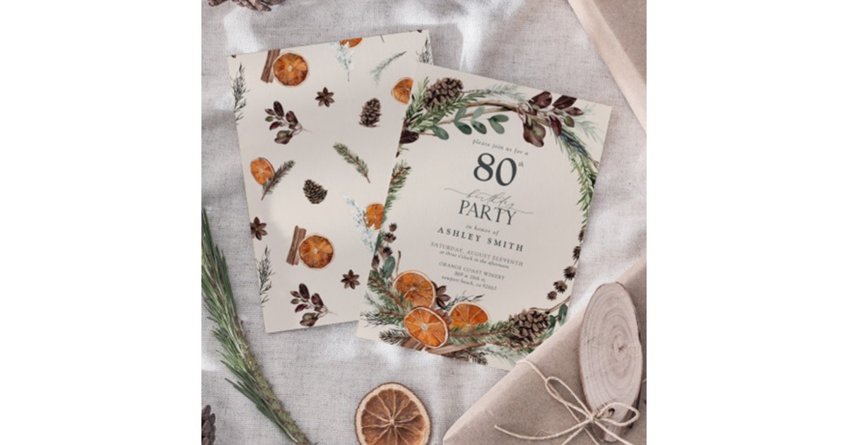 Elegant Orange Rustic Calligraphy 80th Birthday Invitation | Zazzle