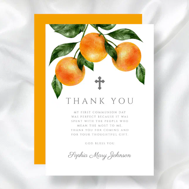 Elegant Oranges First Holy Communion Thank You Card | Zazzle