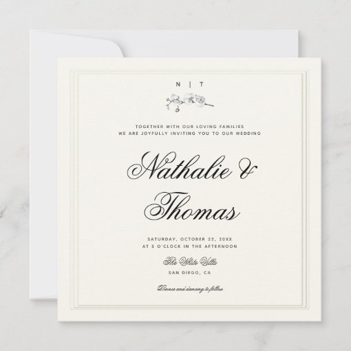 Elegant Orchid Crest Faux Embossed Ecru Wedding Invitation | Zazzle