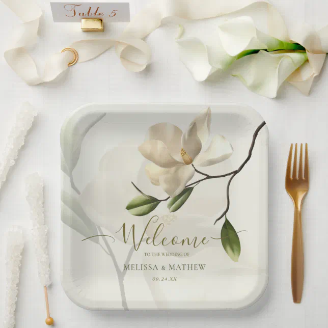 Elegant Oriental White Magnolia Wedding Paper Plates | Zazzle