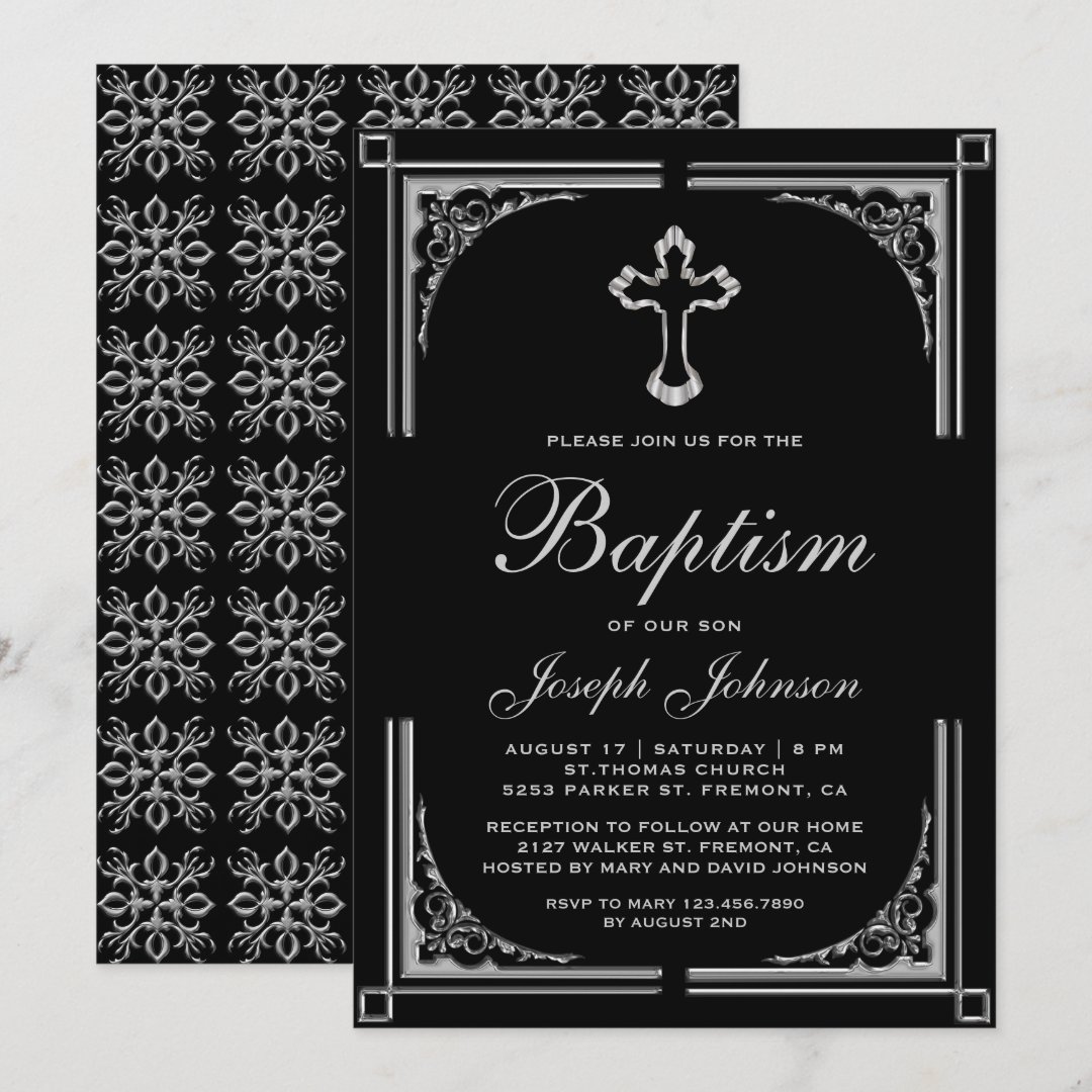 Elegant Ornate Border Silver Cross Baptism Invitation | Zazzle