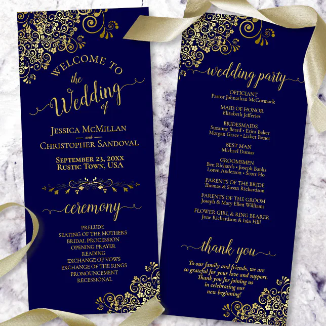 Elegant Ornate Gold and Navy Blue Fancy Wedding Program | Zazzle