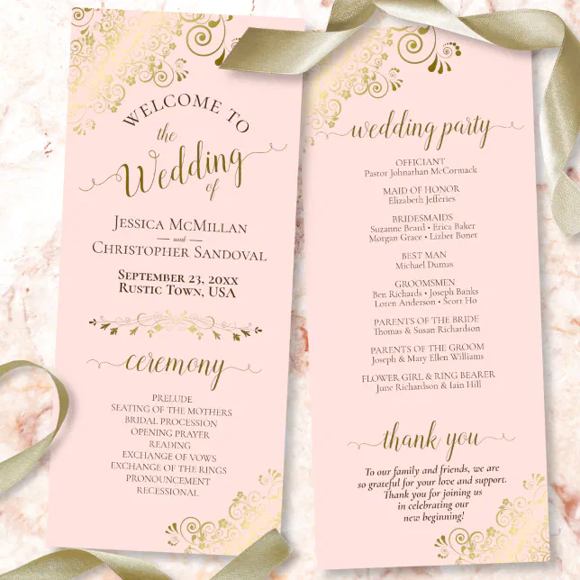 Elegant Ornate Gold Curls on Blush Pink Wedding Program | Zazzle