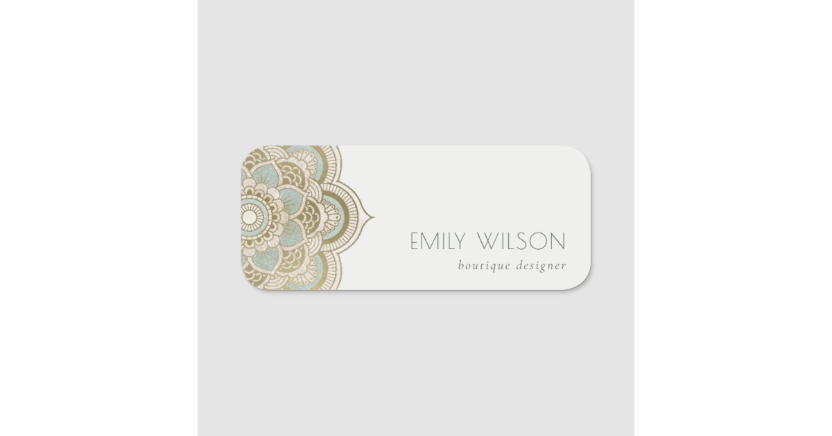 Elegant Ornate Gold Foil Teal Turquoise Mandala Name Tag | Zazzle
