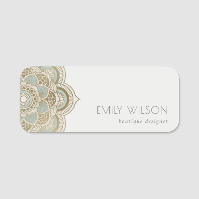 Elegant Ornate Gold Foil Teal Turquoise Mandala Name Tag | Zazzle