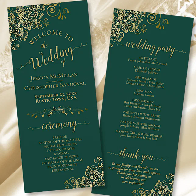 Elegant Ornate Gold Frills Emerald Green Wedding Program | Zazzle