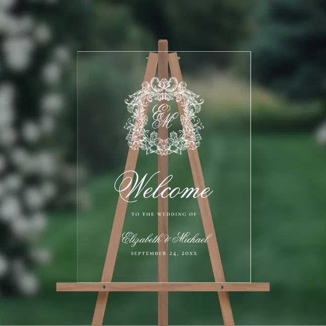Elegant Ornate Monogram Crest Wedding Welcome Acrylic Sign | Zazzle