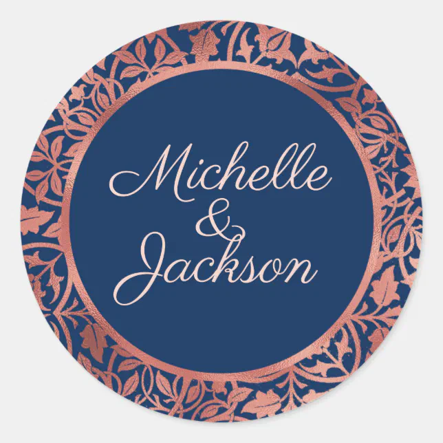 Elegant Ornate Rose Gold Floral Border Wedding Classic Round Sticker ...