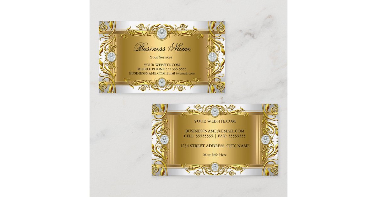 Elegant Ornate Royal Jewel White Golden Gold leaf Business Card | Zazzle