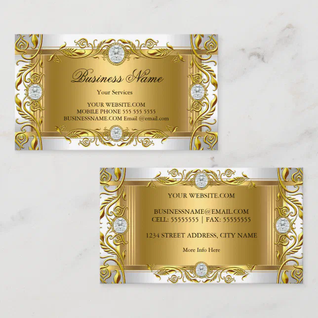 Elegant Ornate Royal Jewel White Golden Gold leaf Business Card | Zazzle