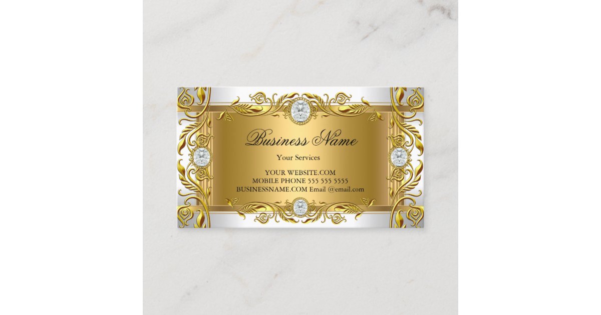 Elegant Ornate Royal Jewel White Golden Gold leaf Business Card | Zazzle