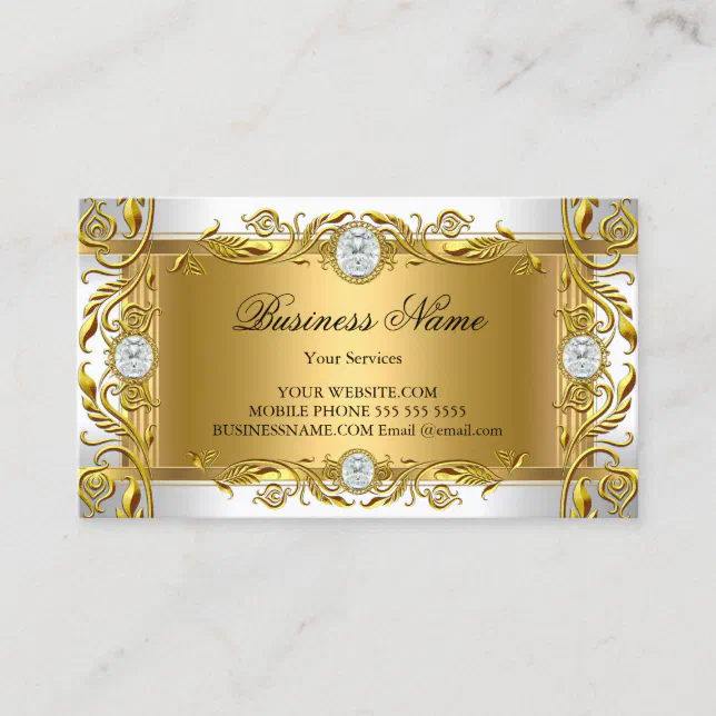 Elegant Ornate Royal Jewel White Golden Gold leaf Business Card | Zazzle