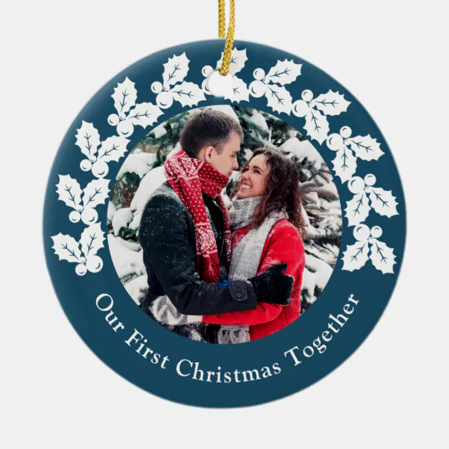 Elegant our first Christmas couple photo custom Ceramic Ornament | Zazzle