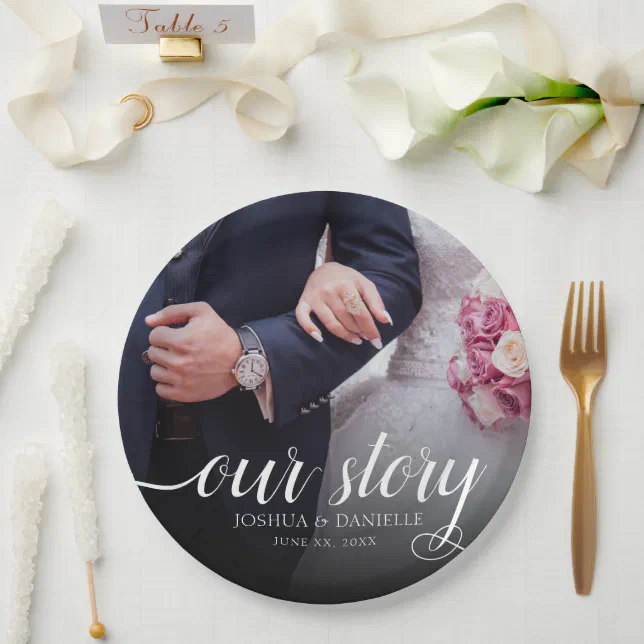 Elegant Our Story Photo Wedding Handwritten Paper Plates | Zazzle