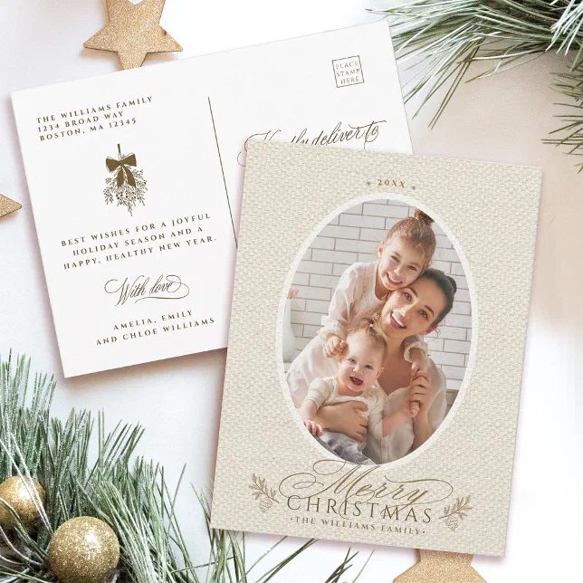 Elegant Oval Frame Merry Christmas Photo Holiday Postcard | Zazzle
