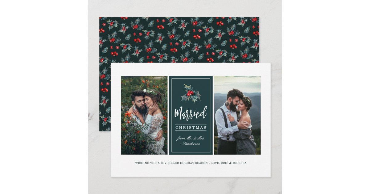 Elegant Painted Holly | Married Christmas Photo Holiday Card | Zazzle