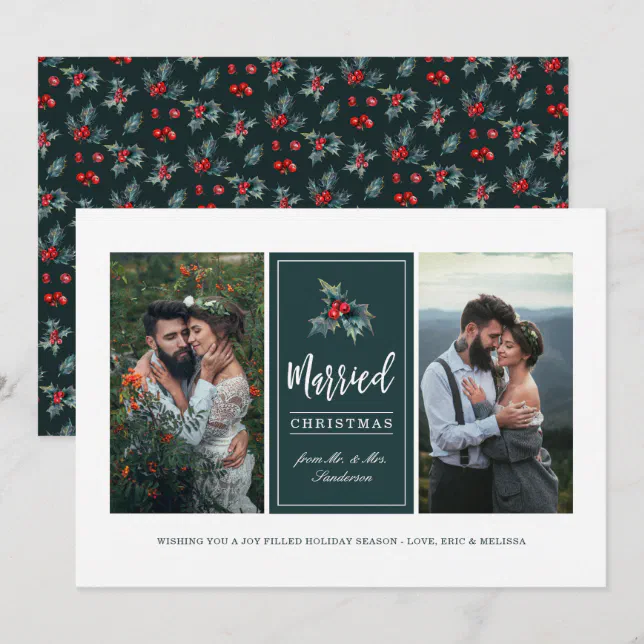 Elegant Painted Holly | Married Christmas Photo Holiday Card | Zazzle