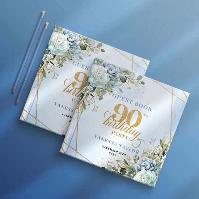 Elegant Pale Blue Gold Frame 90th Birthday Sign In Guest Book | Zazzle