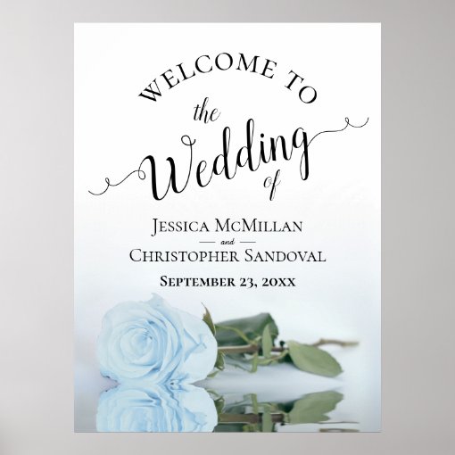 Elegant Pale Blue Rose Calligraphy Wedding Welcome Poster | Zazzle