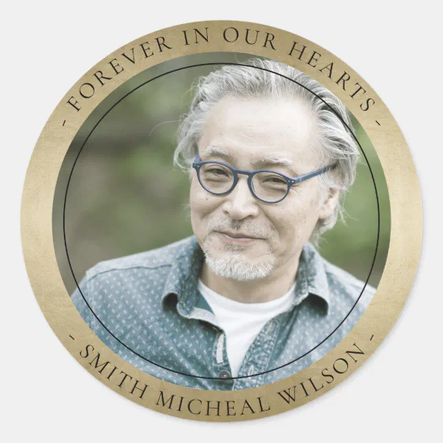 ELEGANT PALE GOLD FOIL SYMPATHY MEMORIAL PHOTO CLASSIC ROUND STICKER ...