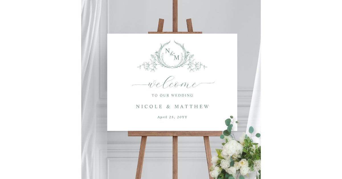 Elegant Pale Green Monogram Wedding Welcome Sign | Zazzle