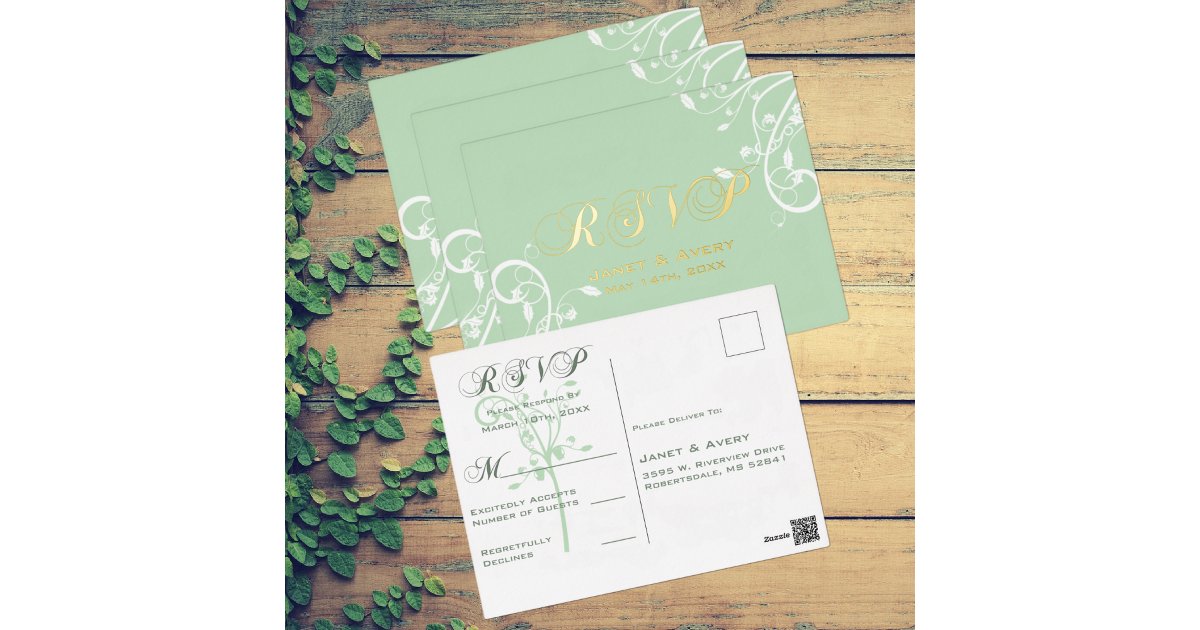 Elegant Pale Pastel Green RSVP Foil Postcard | Zazzle