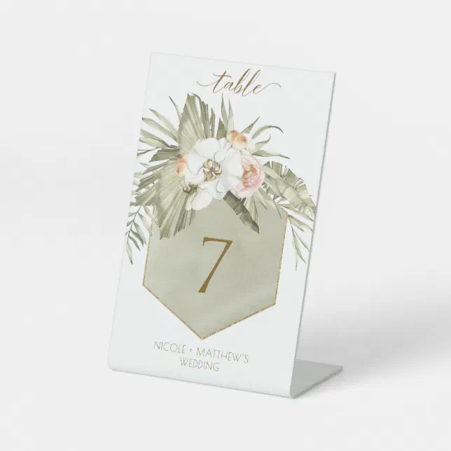 Elegant Palm Leaves Floral Green Table Number Pedestal Sign | Zazzle