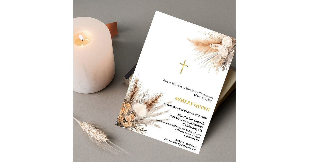 Elegant Pampas Grass Cross First Communion Invitation | Zazzle