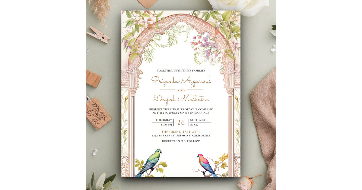 Elegant Parrots Floral Indian Arch Wedding Invitation | Zazzle