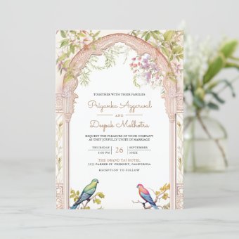 Elegant Parrots Floral Indian Arch Wedding Invitation | Zazzle