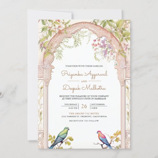 Elegant Parrots Floral Indian Arch Wedding Invitation | Zazzle