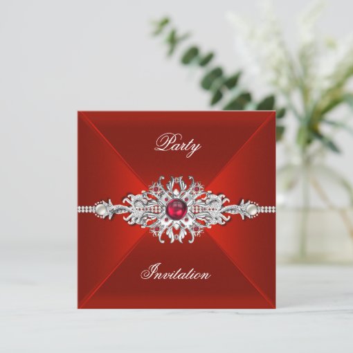 Elegant Party All Occasions Red Silver Jewel Invitation | Zazzle
