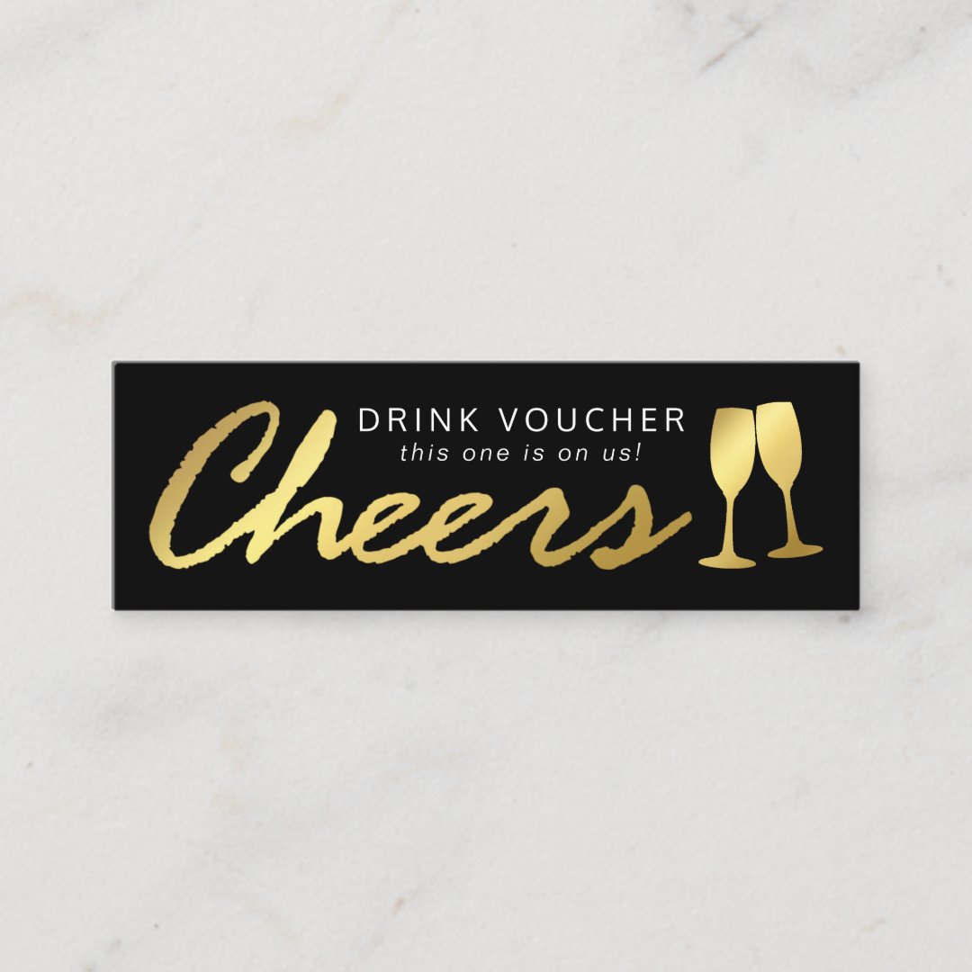 Elegant Party Free Drink Voucher | Black Gold Mini Business Card | Zazzle