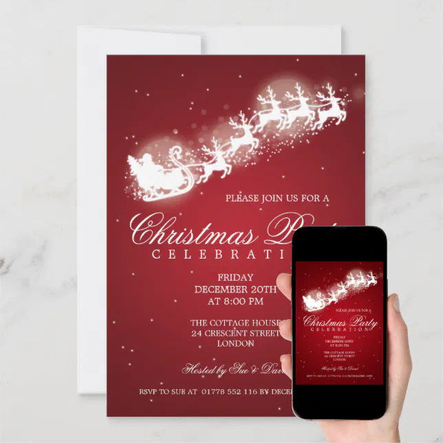 Elegant Party Santa Sparkle Red Invitation | Zazzle