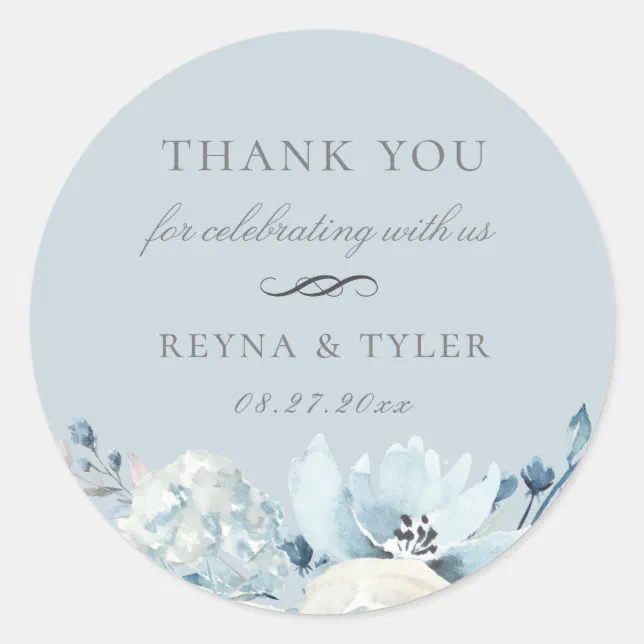 Elegant Pastel Blue Floral Wedding Favor Classic Round Sticker | Zazzle