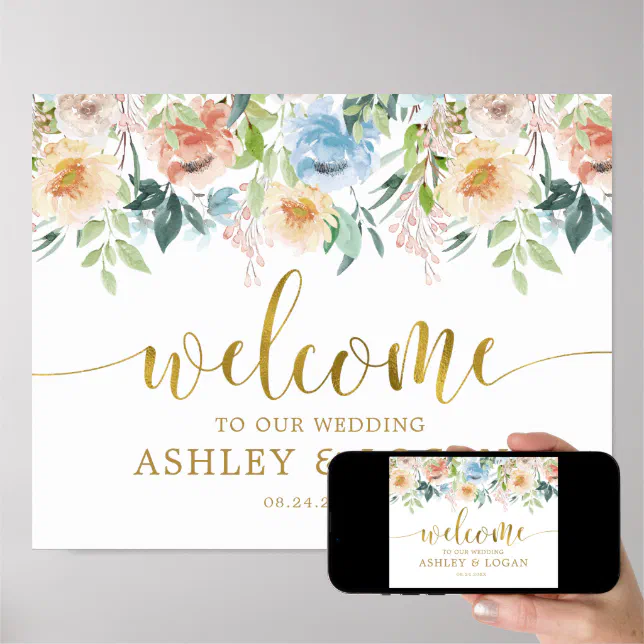 Elegant Pastel Blue Floral Wedding Welcome Poster | Zazzle