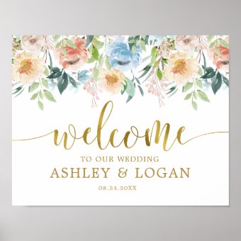 Elegant Pastel Blue Floral Wedding Welcome Poster | Zazzle