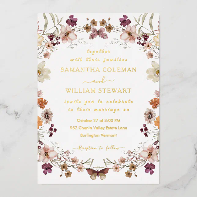 Elegant Pastel Chic Boho Wildflower Theme Wedding Foil Invitation | Zazzle