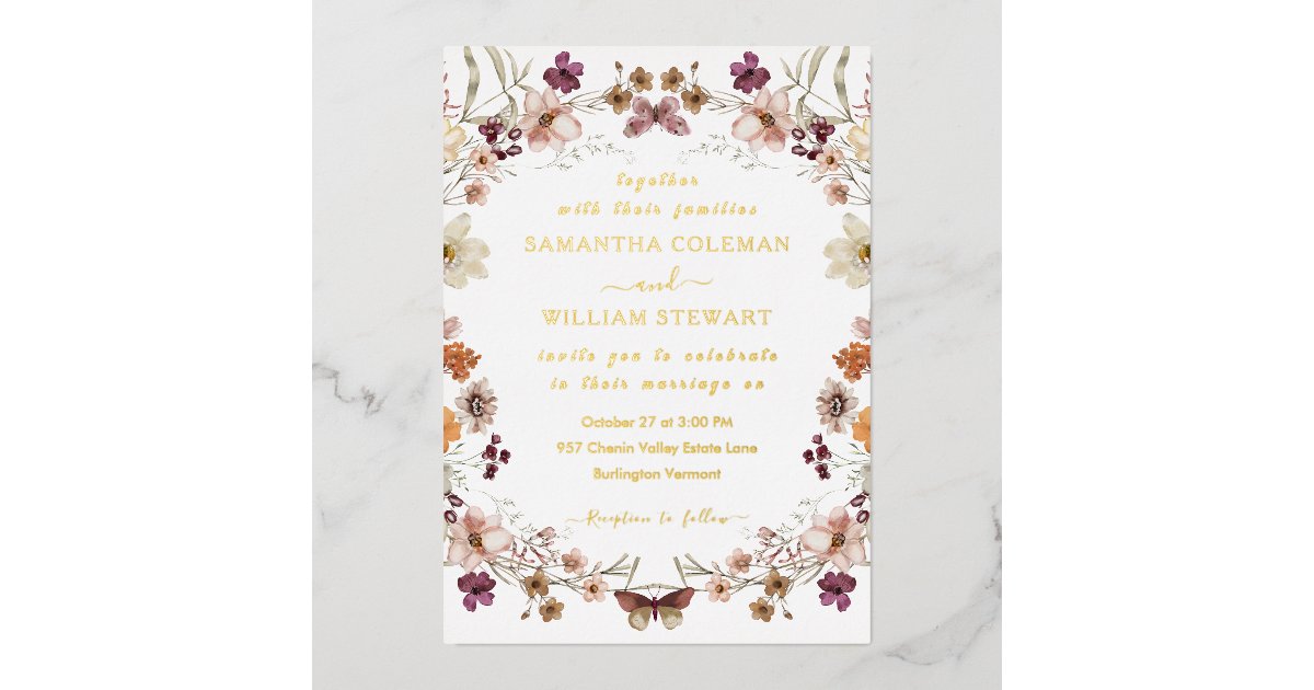 Elegant Pastel Chic Boho Wildflower Theme Wedding Foil Invitation | Zazzle