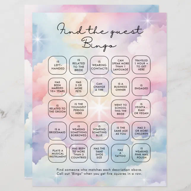 Elegant Pastel Clouds Find The Guest Bingo | Zazzle