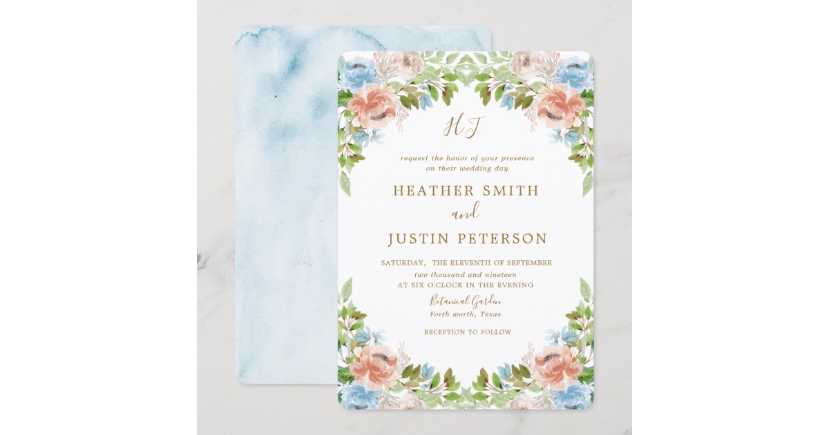 Elegant Pastel Garden Blue Watercolor Wedding Invitation | Zazzle